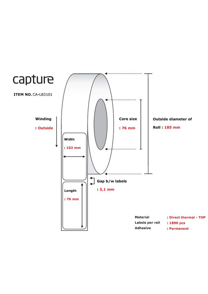 CA-LB3101, Capture Label 102 x 76 Core 76 Ø 185 mm. White. DT ...