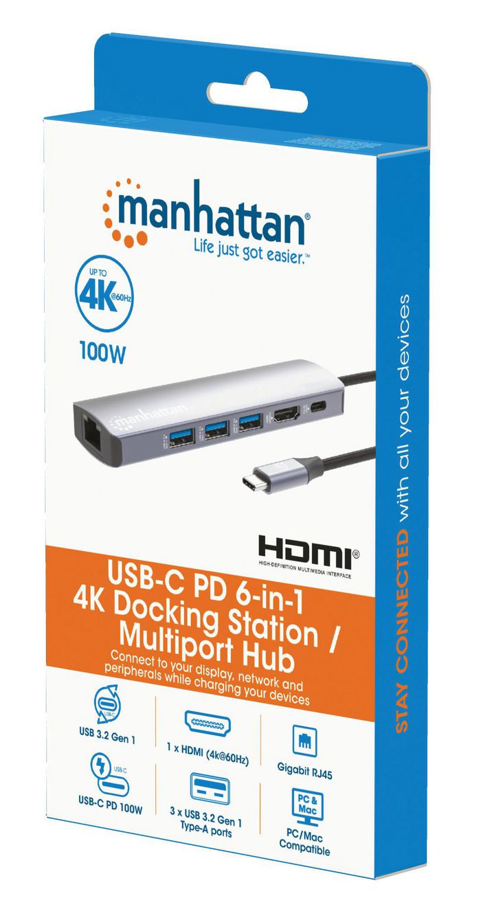 153959, Manhattan USB-C Dock/Hub, Ports (x6): Ethernet, HDMI, USB-A (x3 ...