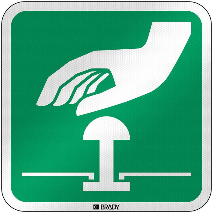 E/E020/NT/RFL-390X390-1, Brady ISO Safety Sign - Emergency stop button ...