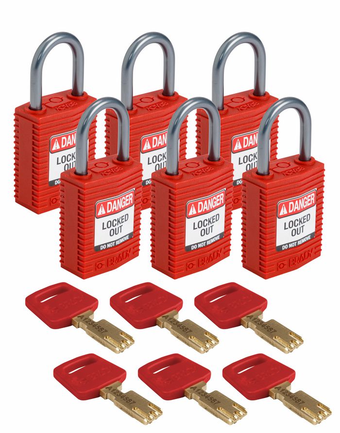 CPT-RED-25AL-KD, Brady SafeKey Compact Nylon Lockout Padlocks with ...
